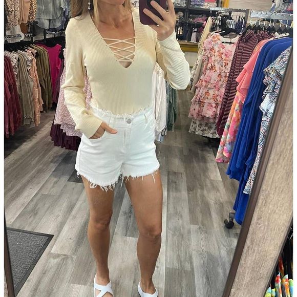 heyson | Tops | Newheyson Rib Sweater Laceup Bodysuit In Cream | Poshmark